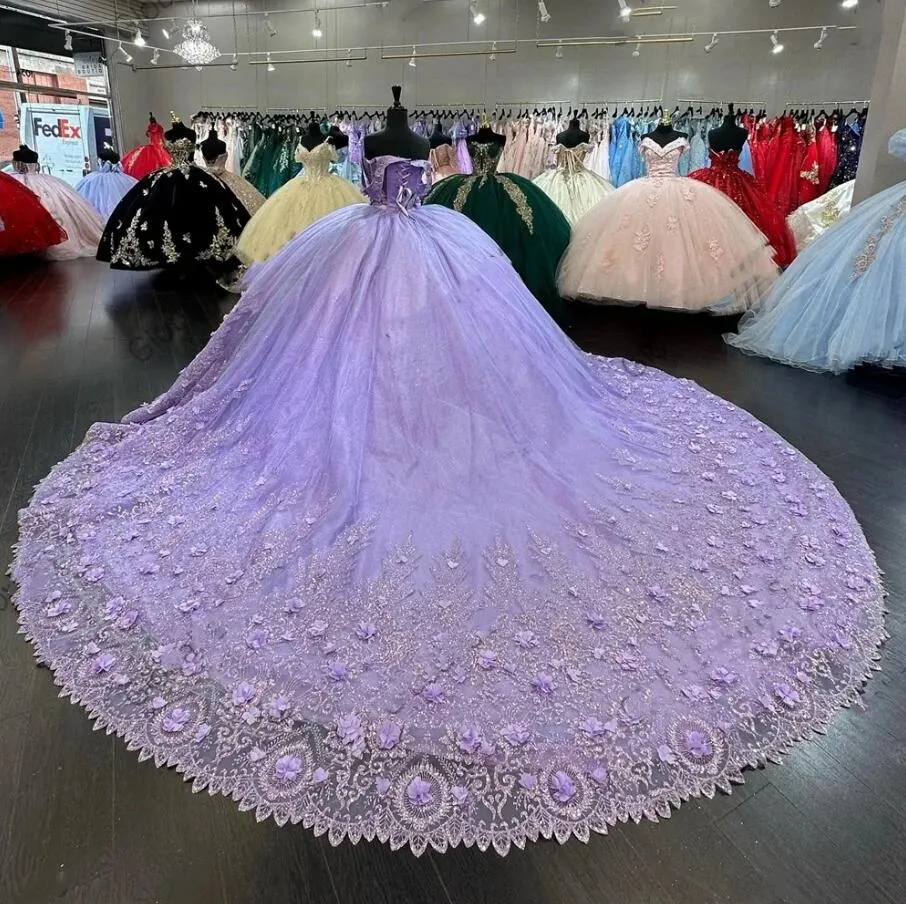 Purple Sweetheart Quinceanera Ball Gown Beaded Appliques Corset 3D Flowers