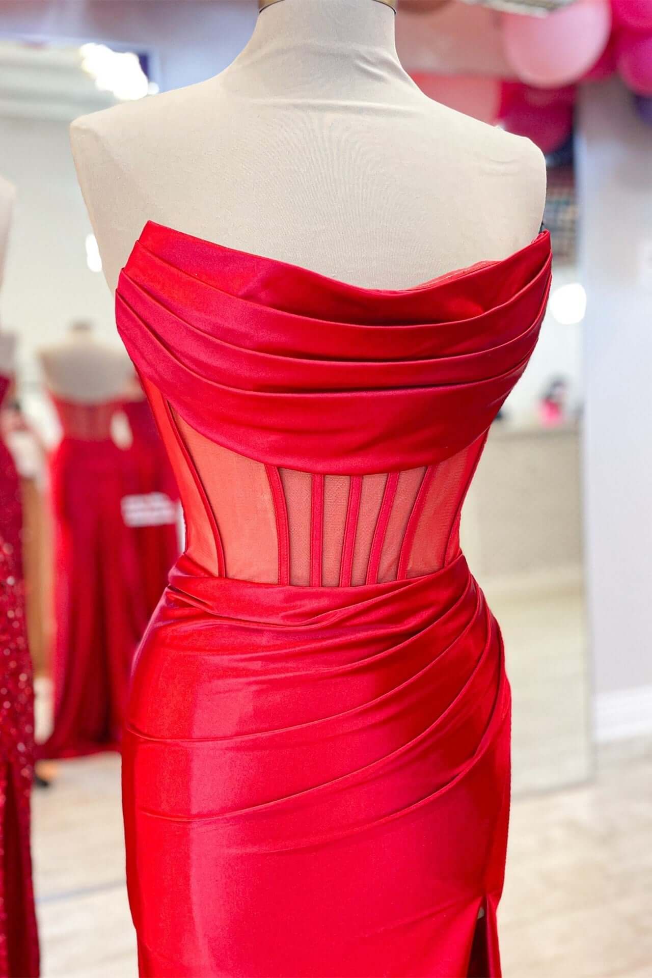 Hot Pink Cowl Neck Corset Mermaid Long Formal Dress with High Slit