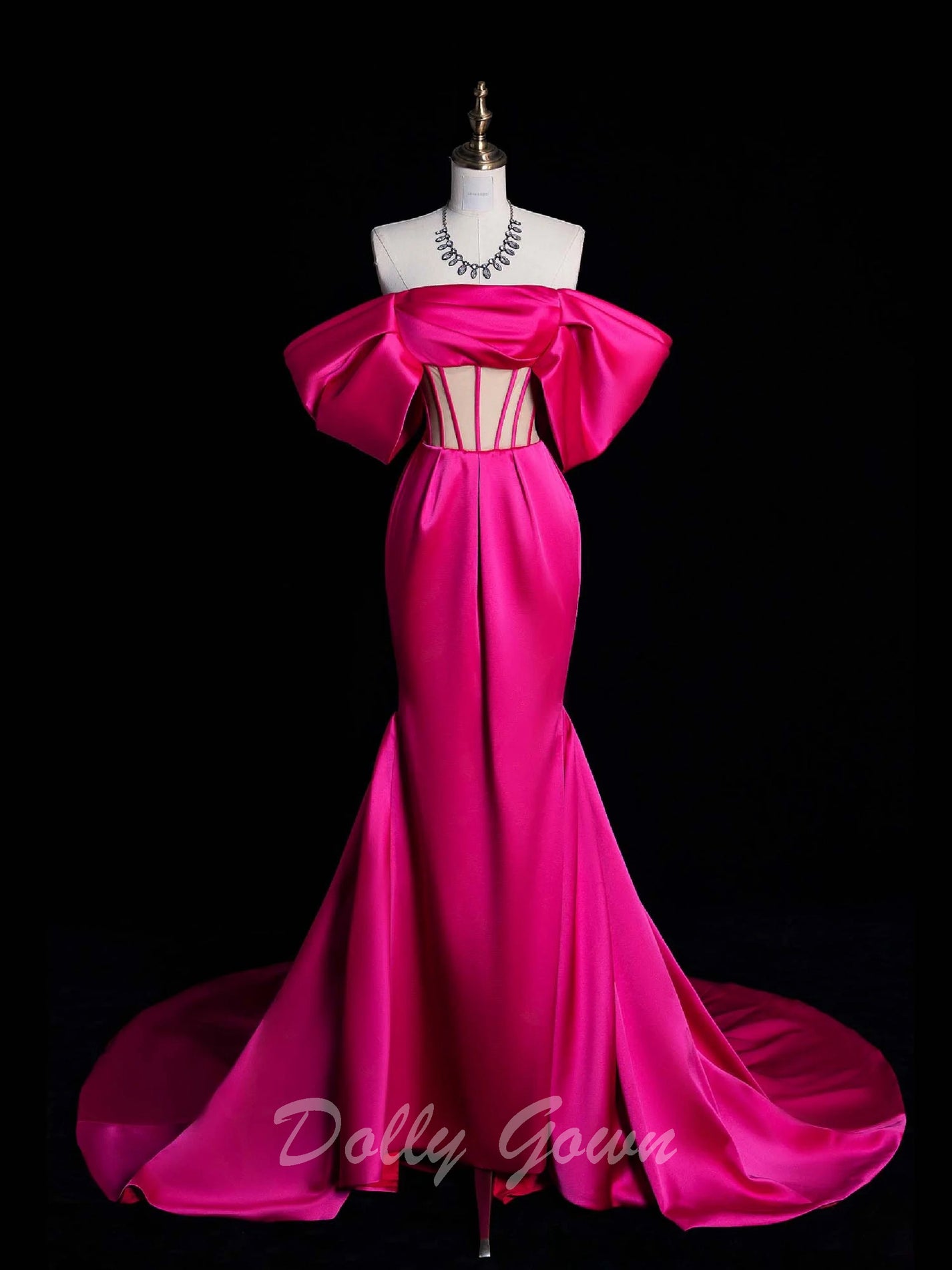 Hot Pink Off The Shoulder Satin Corset Prom Dress