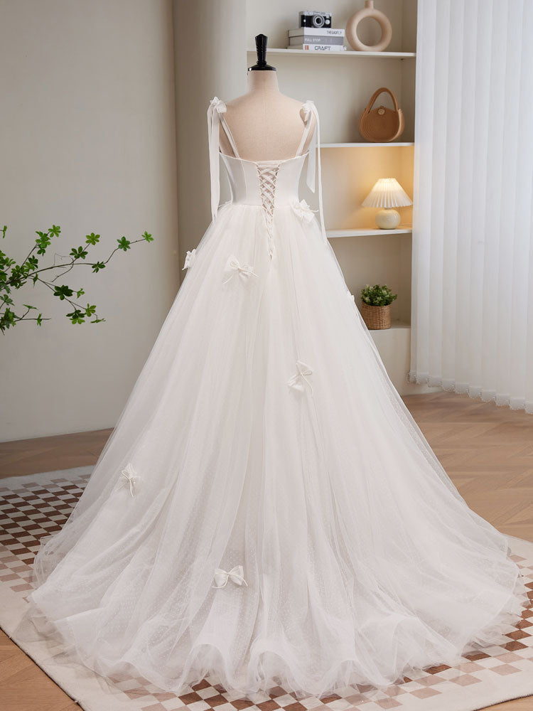 Sweet Sweep Train Long Wedding Dress Trimmed with Buttons Center