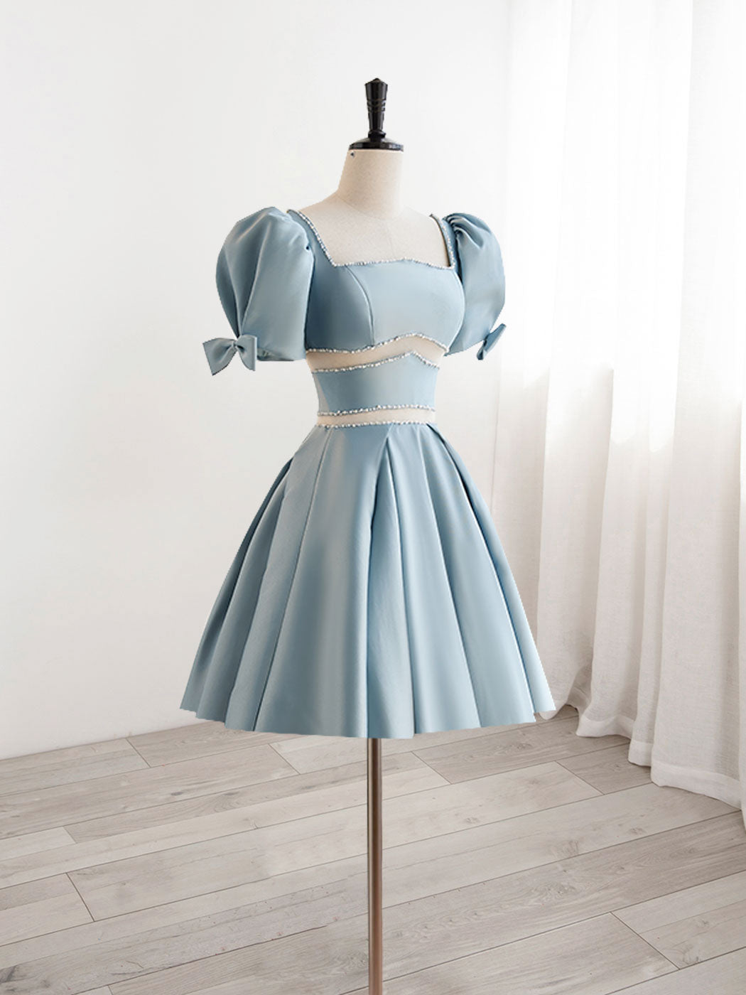 Cute Light Blue Satin Square Neck Short Formal Dress Homecoming Dress
