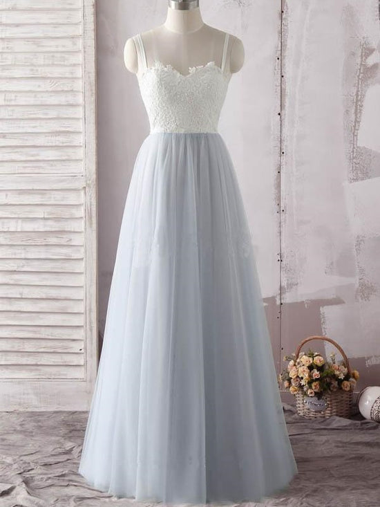 A line Tulle White Lace Top Long Sweetheart Neck Prom Dress