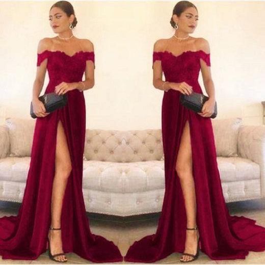 Burgundy Lace Top Prom Dress with Slit Long Formal Gown