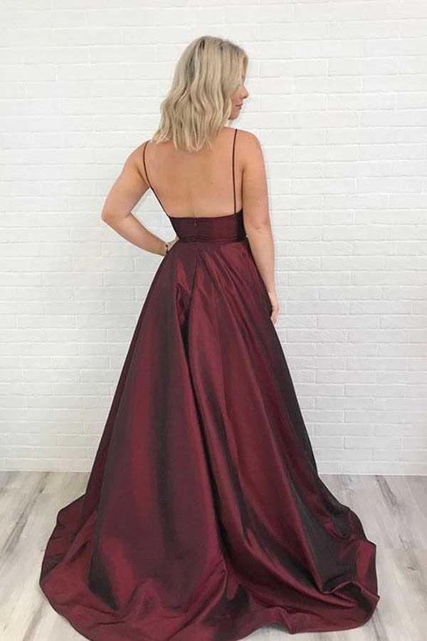 Burgundy Backless Graduation Prom Dress with Pockets, GDC1049