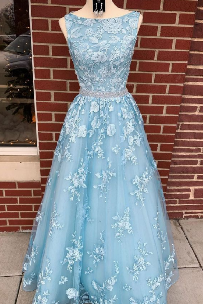 Dusty Blue 2021 A-line Backless Prom Dress Long Dusty Blue Lace Formal ...