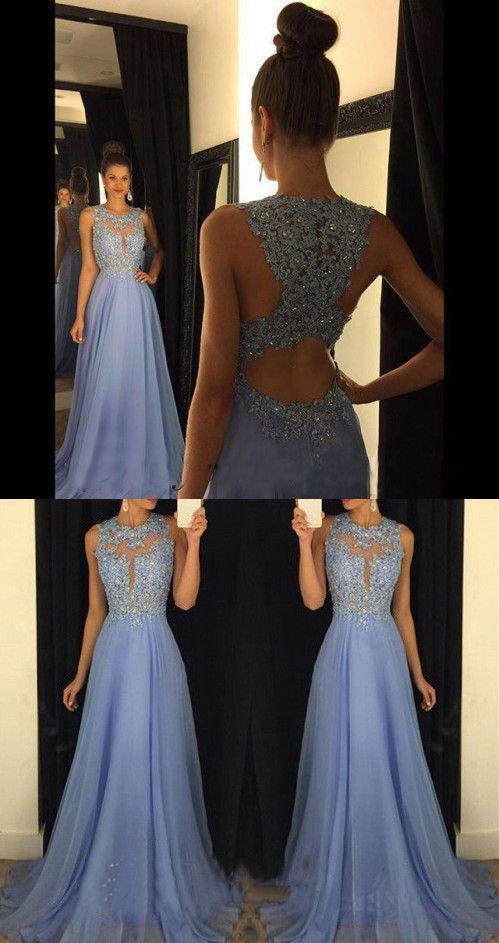 Chiffon A-line Light Blue Lace Applique Bead Sheer Top Formal Dress
