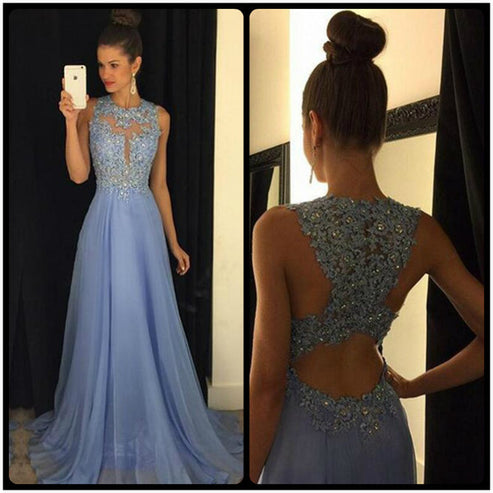 Chiffon A-line Light Blue Lace Applique Bead Sheer Top Formal Dress