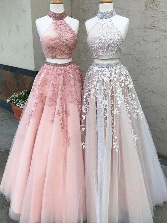 Modest Teens Long Prom Dress Freshman Two Piece Lace Tulle Formal Dress