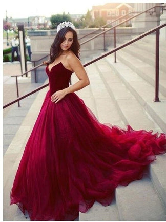 Red Maroon Princess Ball Gown Tulle Wedding Dress Red Prom Dress