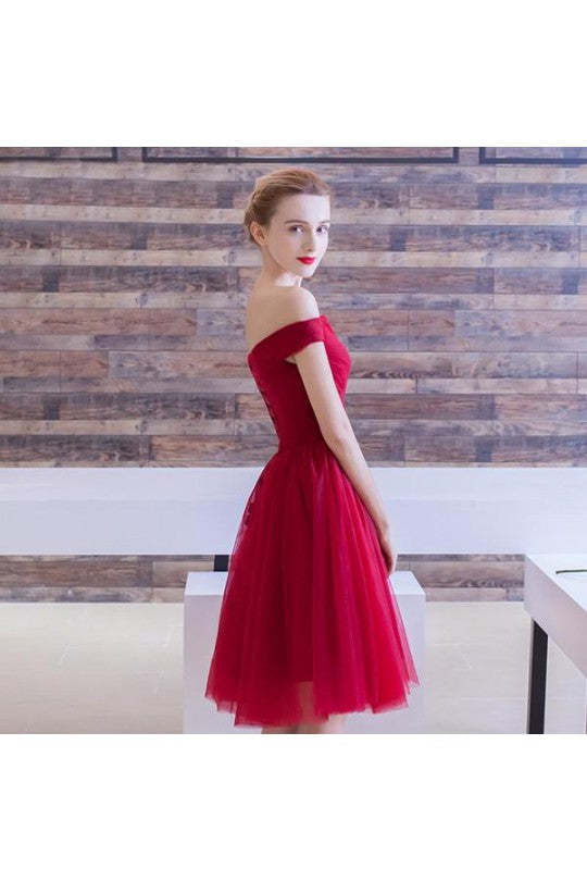 Red Off the Shoulder Tulle Short Prom Dres Red Homecoming Dress